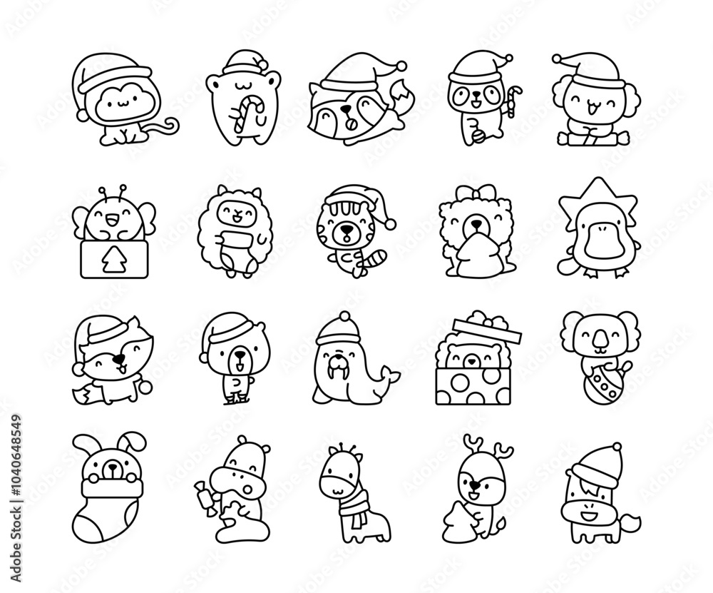 Happy Christmas animals. Coloring Page. Holiday cartoon character. Hand ...