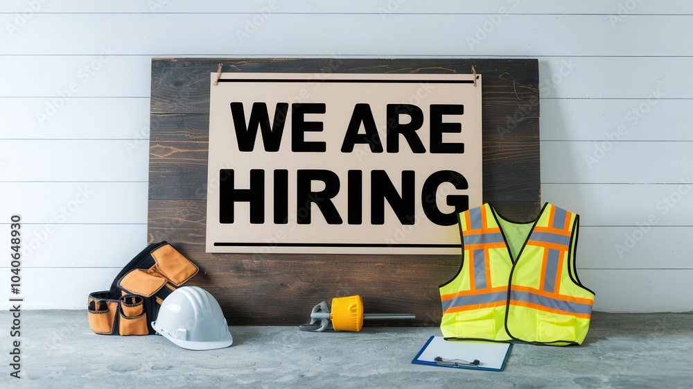 We Are Hiring sign on wooden wall with construction boots, hard hat ...