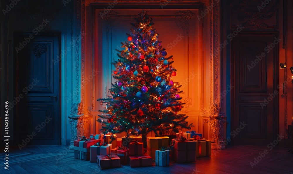 Heatmap of a Christmas tree with presents underneath, warm colors ...