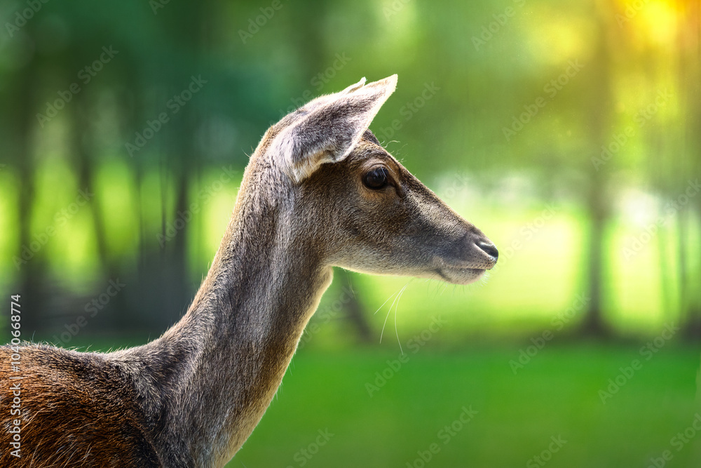 hirsch im profil steht vor grünem wald mit lichtstrahlen im hintergrund Stock Photo | Adobe Stock