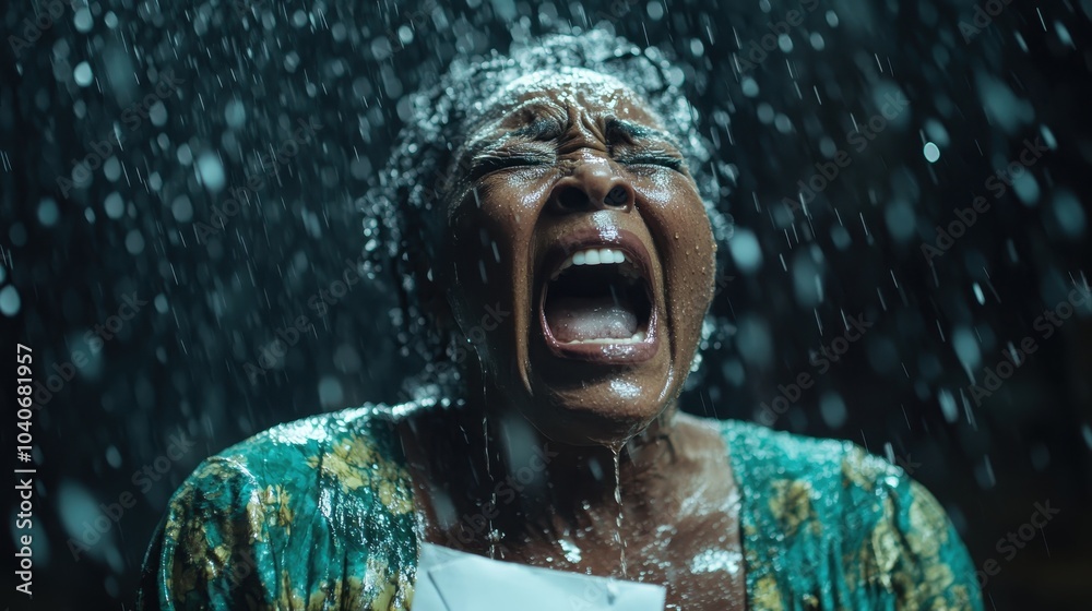 In the midst of a rainstorm, a woman shouts up to the sky, capturing ...