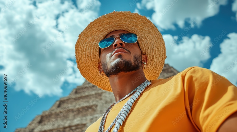 A man in a straw hat and sunglasses poses confidently in front of a ...