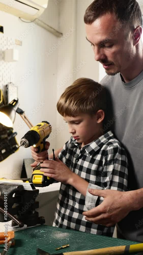 Son learns craftsmanship as father instructs him on using drill. Drill ...