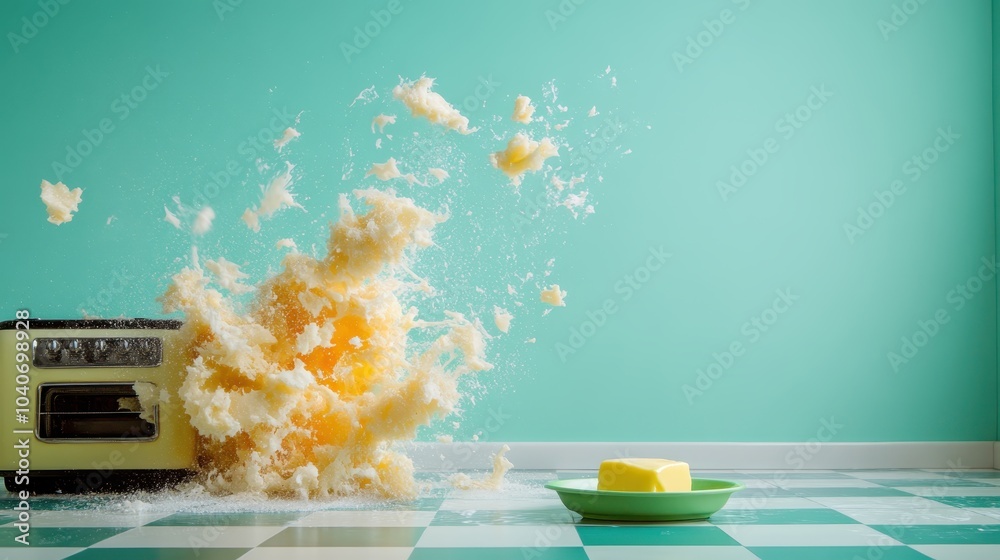 An explosive burst of butter spews from a vintage toaster, frozen in an ...