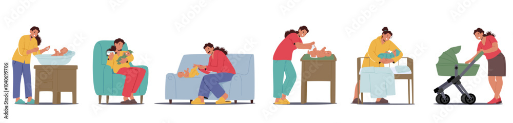 Cartoon Set Depicting Mother Involved In Different Activities With Her ...