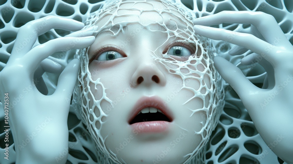 Ethereal figure with intricate lattice pattern enveloping face and ...