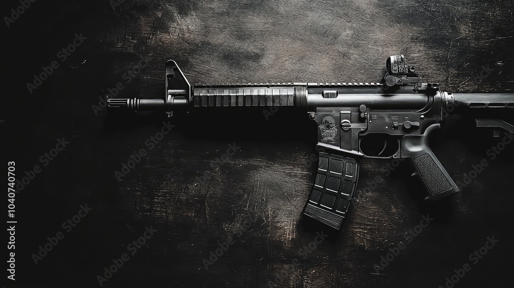 Black assault rifle with scope and magazine on a dark textured ...