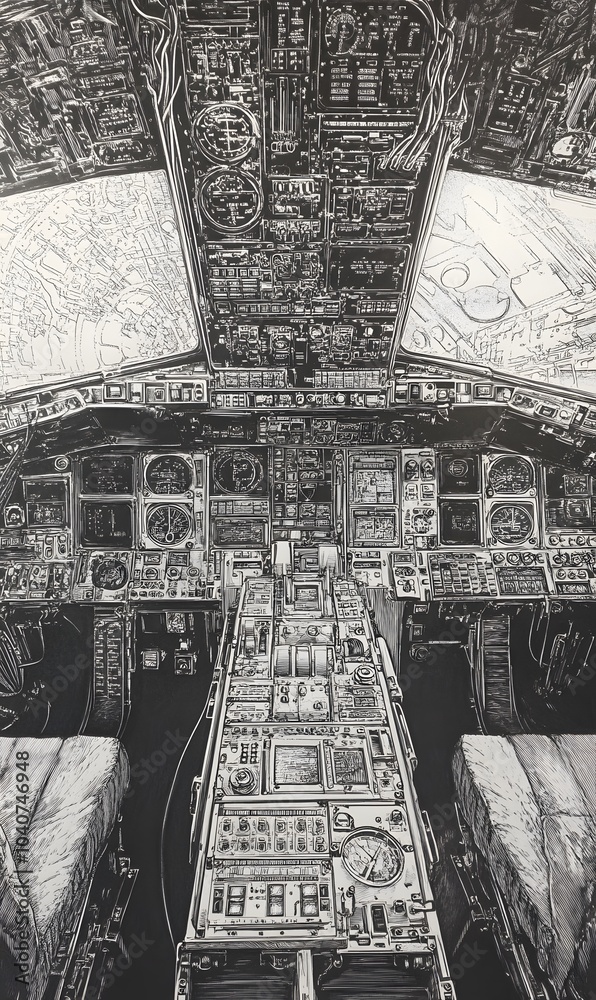 19th century naturalist style etching of the intricate cockpit of a ...