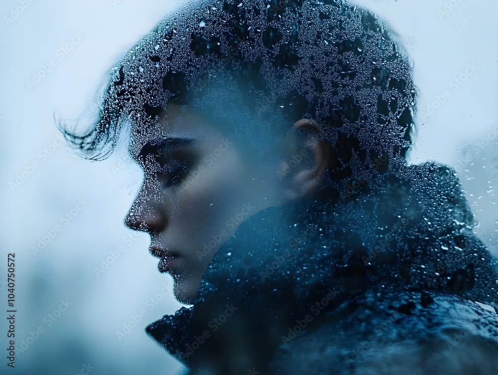Androgynous person in a double exposure portrait, reflection in a ...