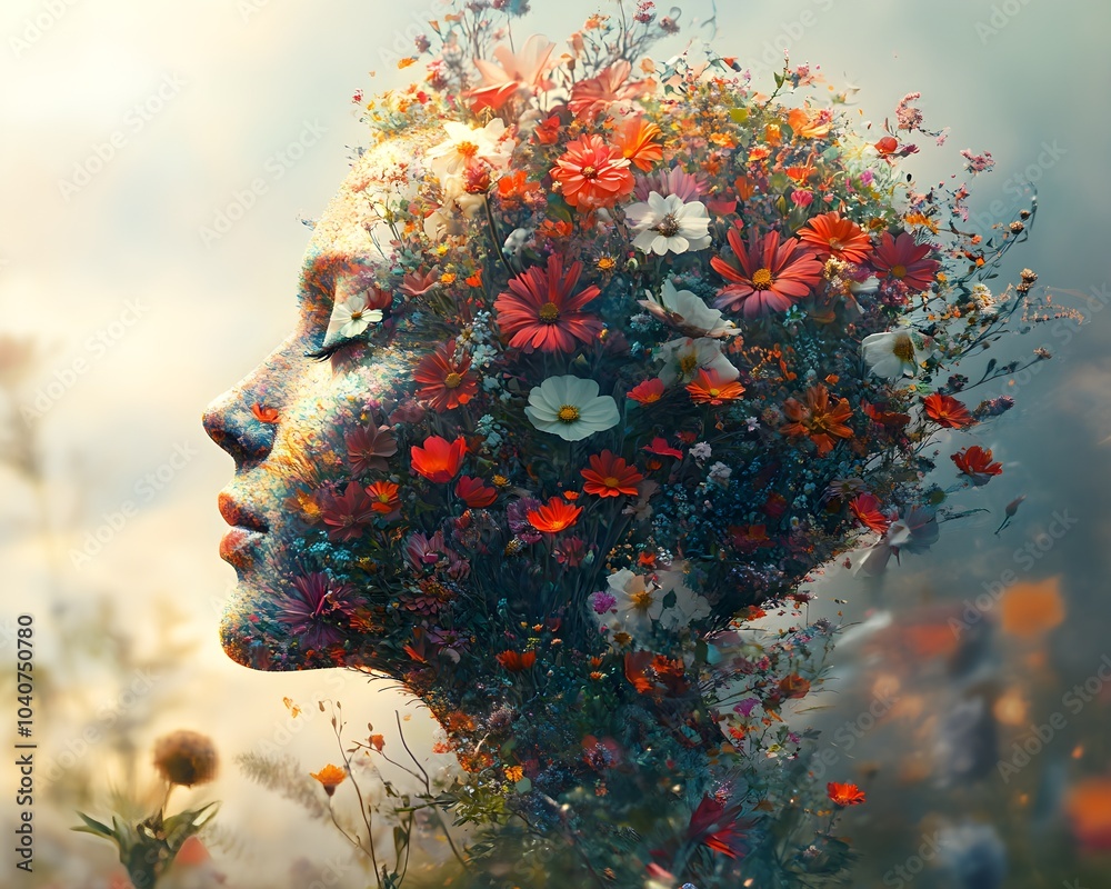 Portrait of a human head dissolving into a cascade of flowers ...