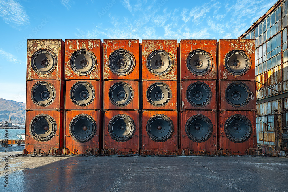 technical equipment, large stack of speakers made of rusted shipping ...