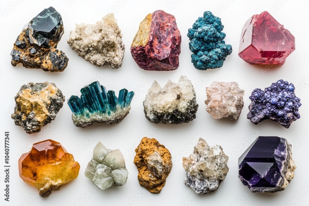 A diverse collection of rare minerals and gemstones displayed on a ...