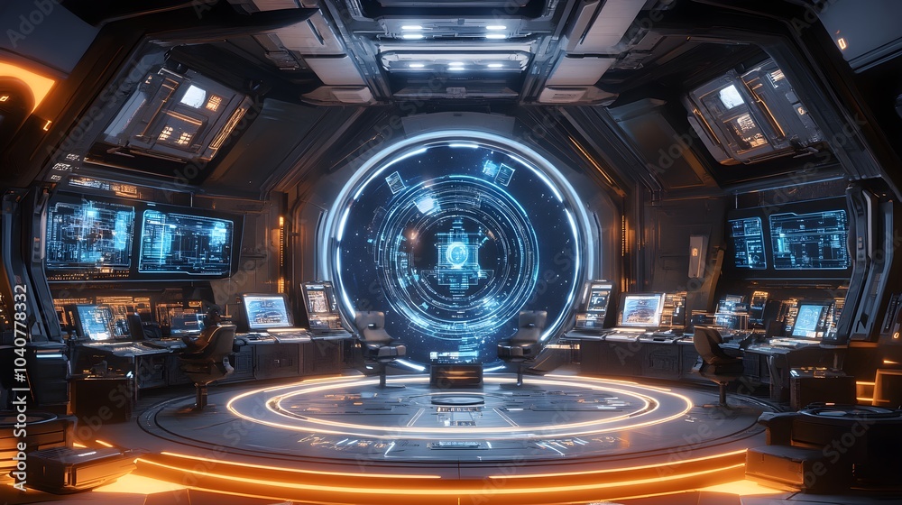 Circular command center aboard a starship, with holographic projections ...