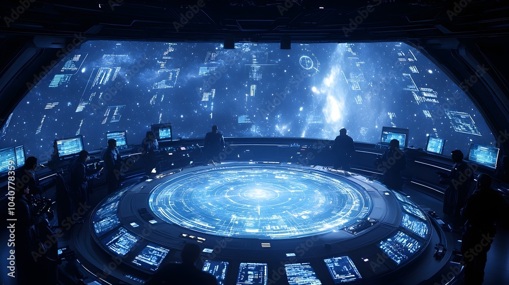 Circular command center aboard a starship, with holographic projections ...