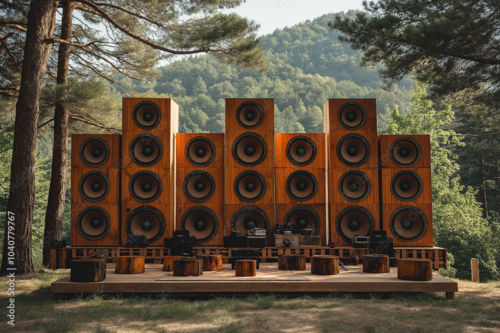 technical equipment, sound system made of wood, many large speakers in ...