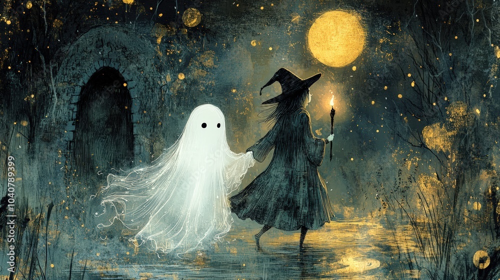 Mysterious Witch and Ghost Under Full Moon in Enchanted Forest ...
