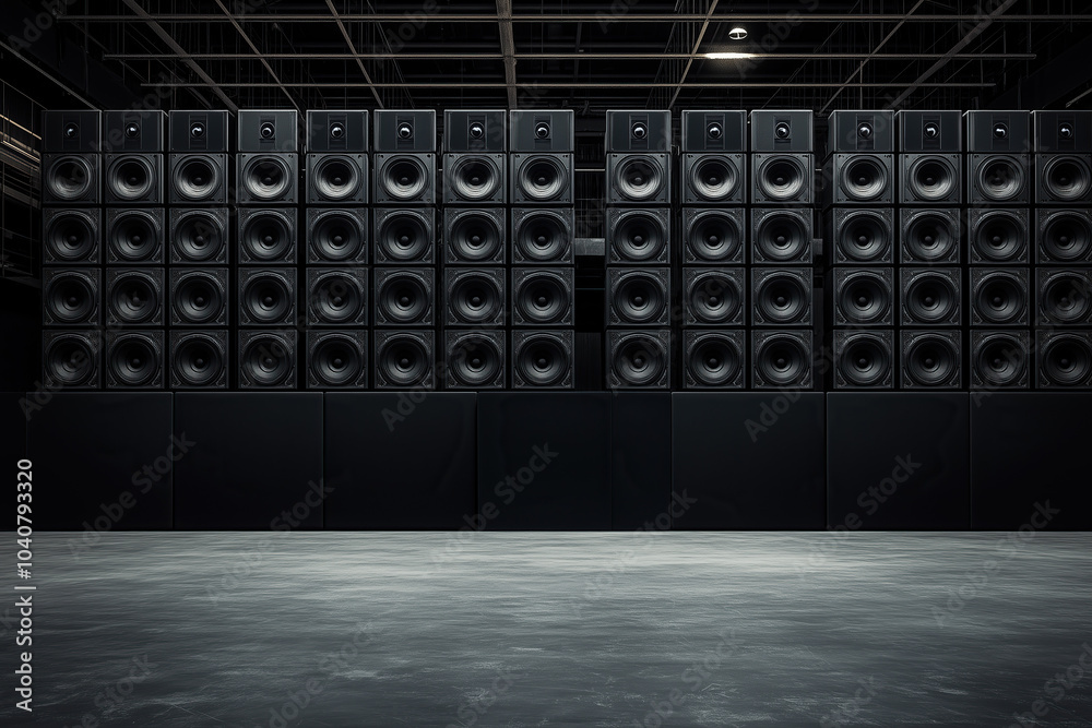 technical equipment, large stack of black speakers in an empty room ...