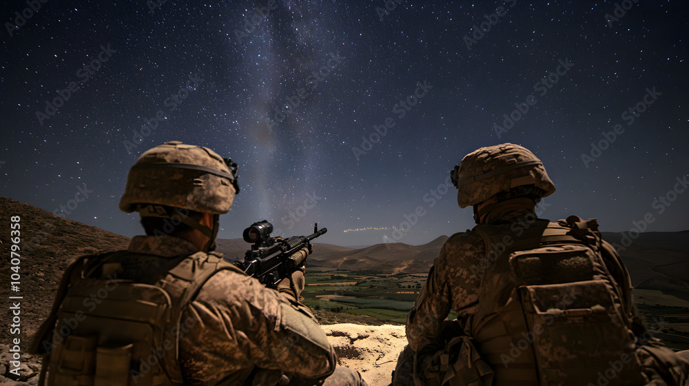 Two soldiers operating a machine gun from a bunker, tracer fire ...