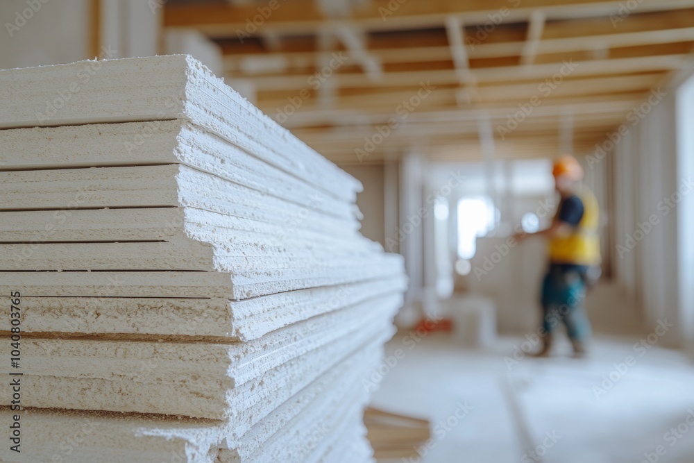 Construction worker prepares for installation of gypsum boards in a ...