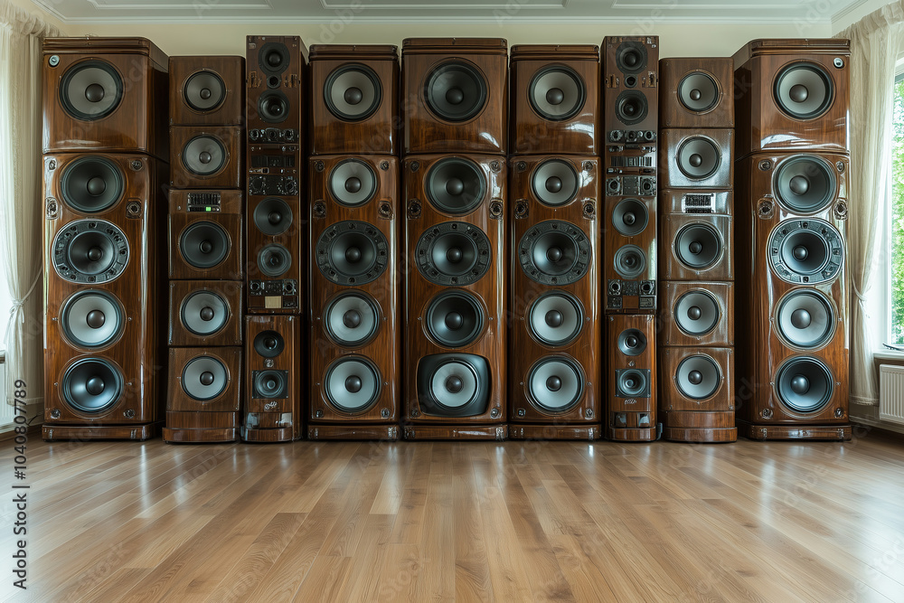 technical equipment, large stack of high end luxury speakers in elegant ...