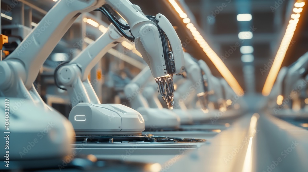 Row of White Robotic Arms at Automated Production Line at Bright Modern ...
