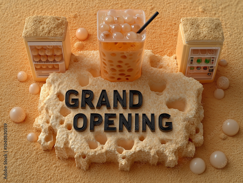 entrance to the house, a "GRAND OPENING" letters on a 3d model building ...