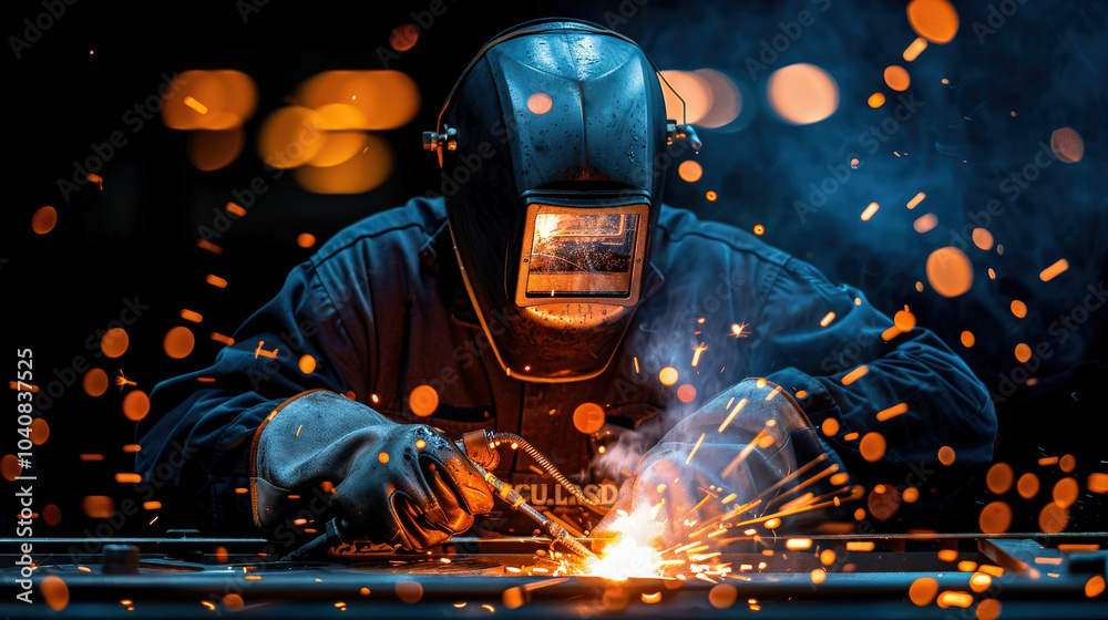 commercial diver is welding underwater, surrounded by sparks and ...