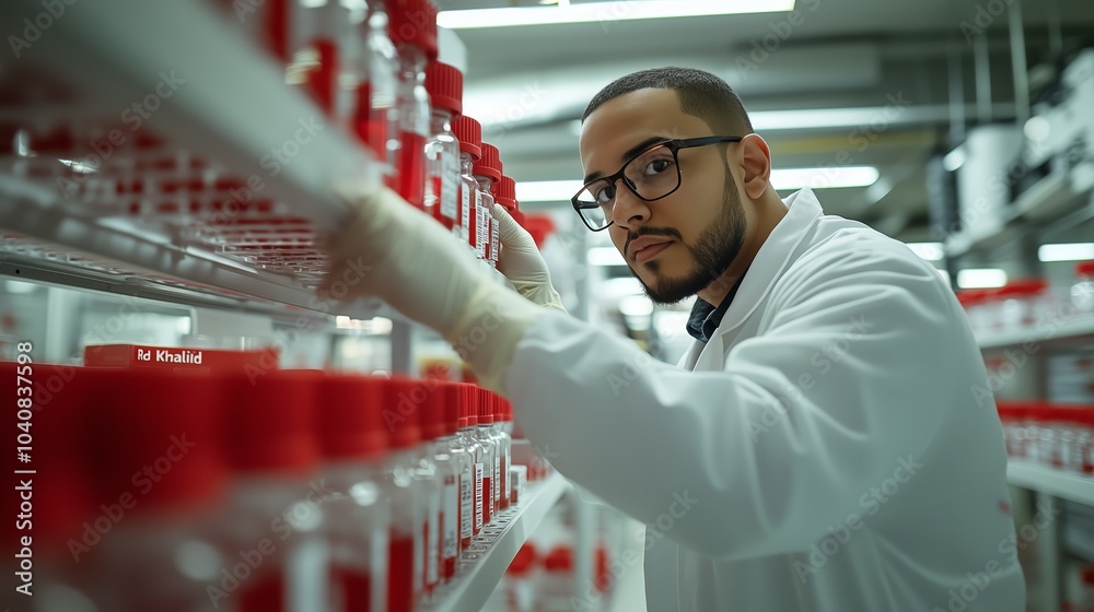 A photo of an urban Hispanic man in a white lab coat, wearing glasses ...