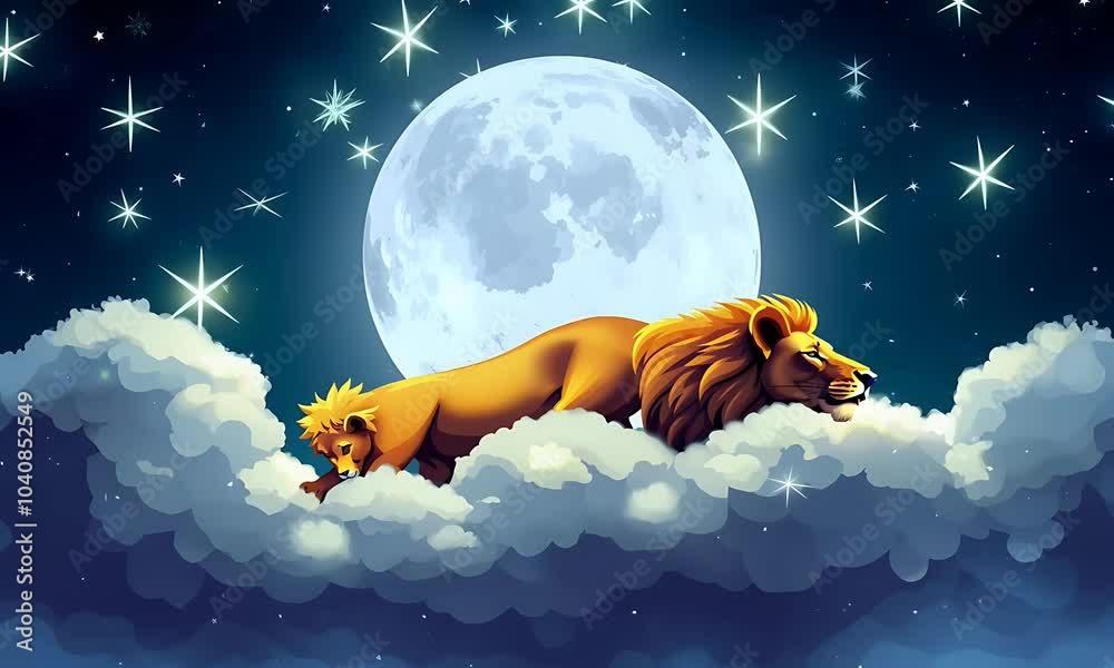Majestic Lions Walking on Clouds with Bright Stars and Full Moon in the ...