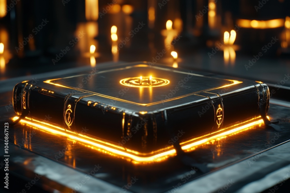 Magicianâ€™s grimoire laid open on an altar, with candles casting ...