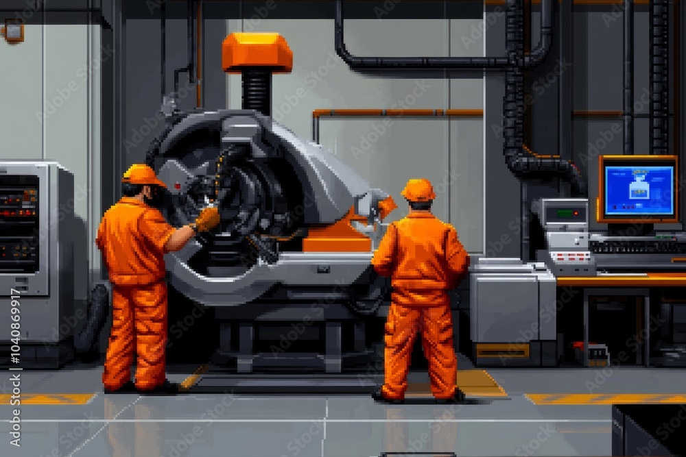 Pixel art factory floor, with pixelated workers and machinery ...
