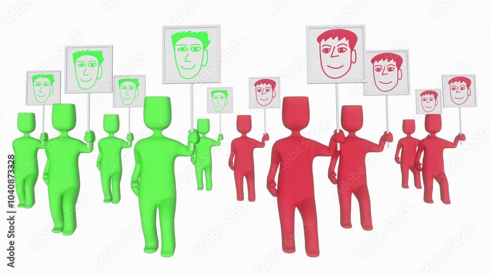 Two Teams of Green and Red 3D Men with Posters with Portraits of ...