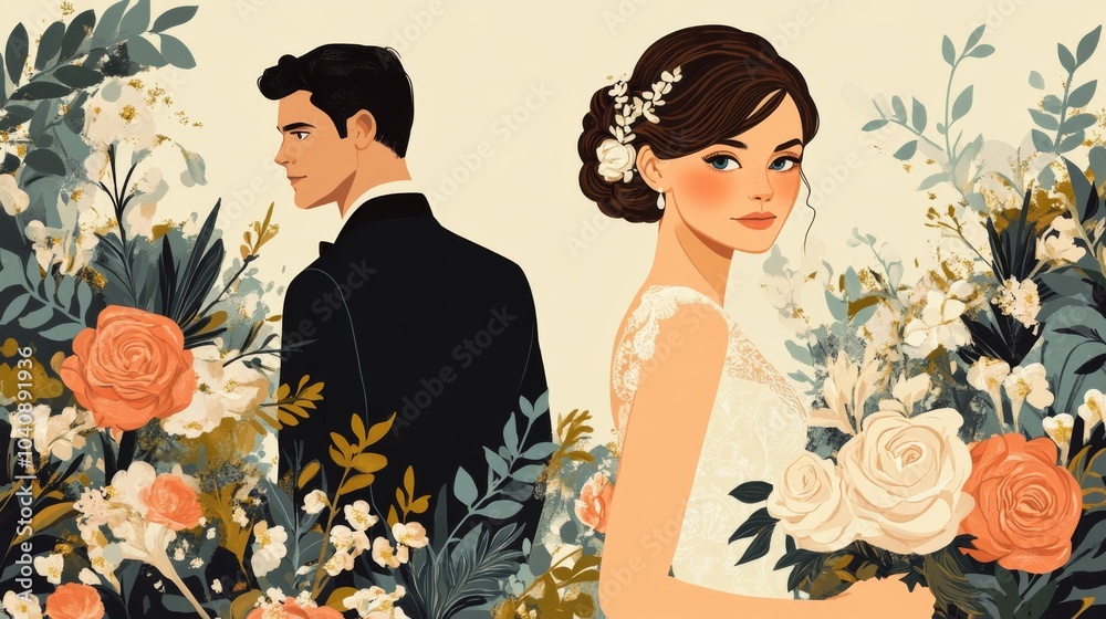 Elegant wedding cover page illustration featuring a stylized bride in a ...