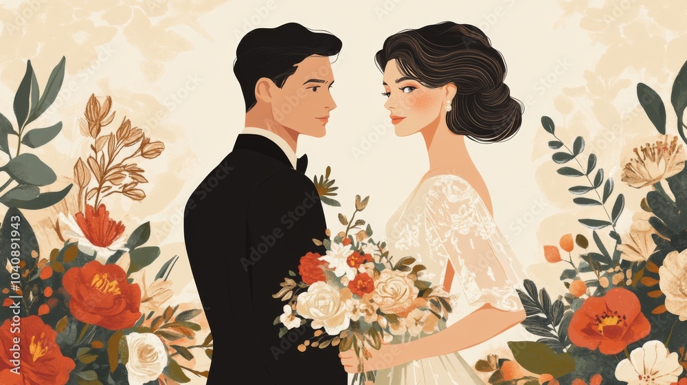 Elegant wedding cover page illustration featuring a stylized bride in a ...