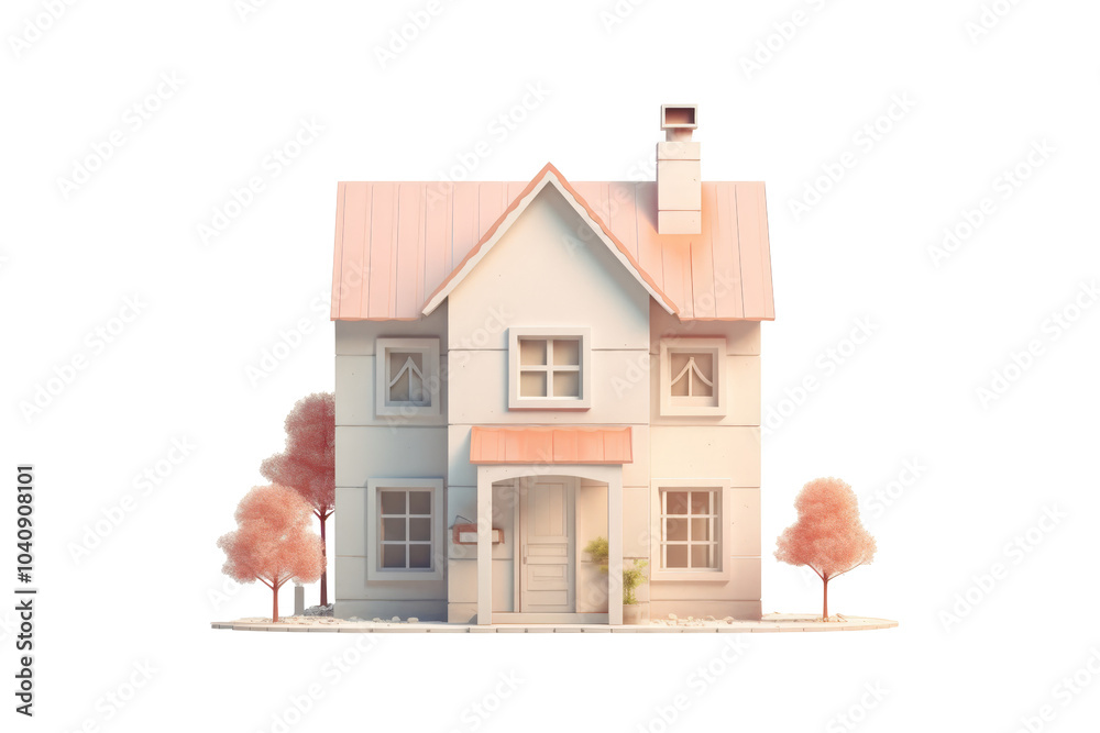 The image depicts a house in a 3D animation style from a front view ...