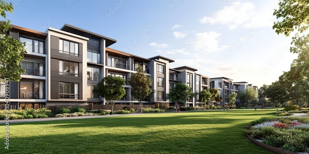 A large apartment complex with a green grassy area in the middle. The ...