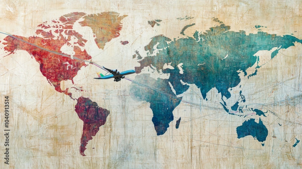 2410 65.A world map displayed with flight paths and a plane flying ...