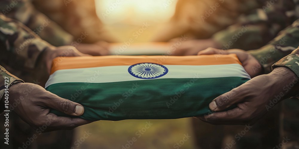 Indian soldiers holding a neatly folded Indian flag with care ...