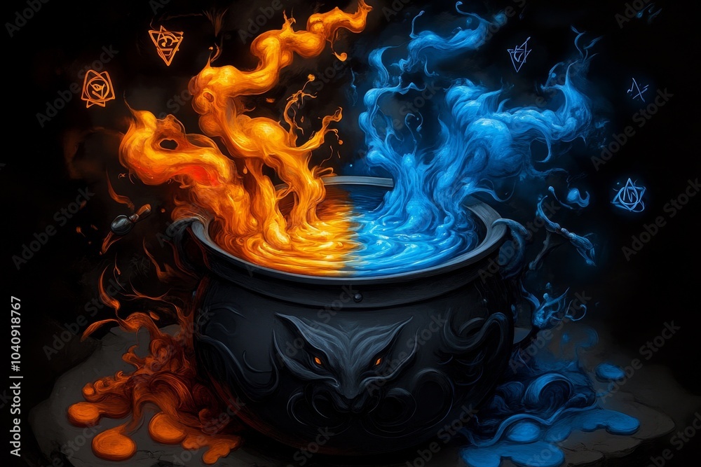Alchemical transformation in progress, with a cauldron bubbling and ...