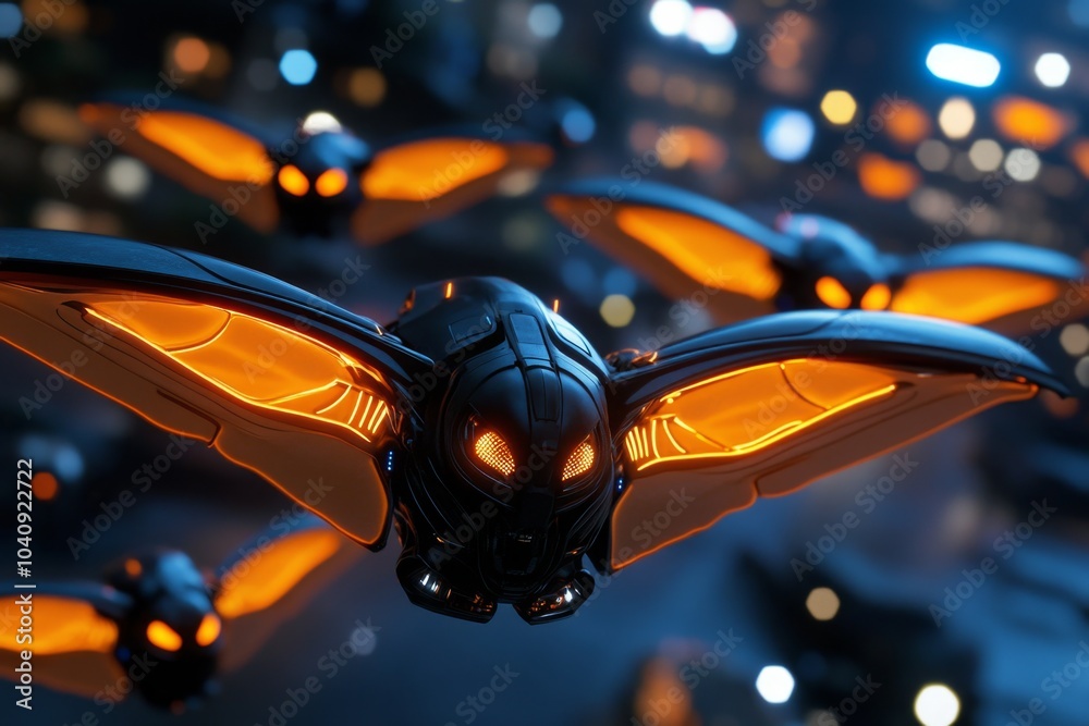 Cyberpunk insect swarm, with glowing neon lights and mechanical wings ...