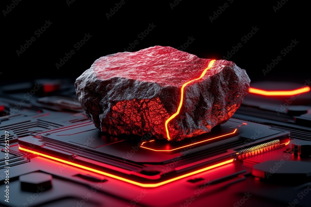 High-tech philosopher's stone glowing with neon lights, representing ...