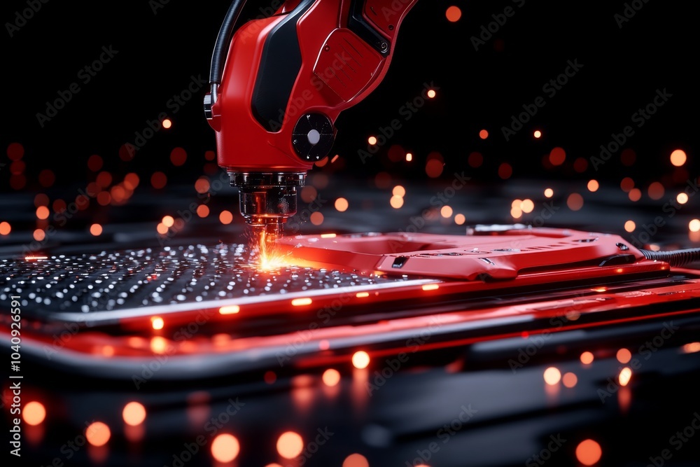 Hyper-realistic close-up of a robotic arm, welding metal with precise ...