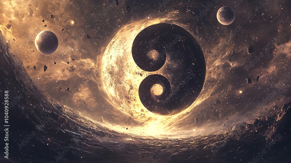 Conceptual of a Yin Yang symbol spinning amidst a galaxy with stars and ...