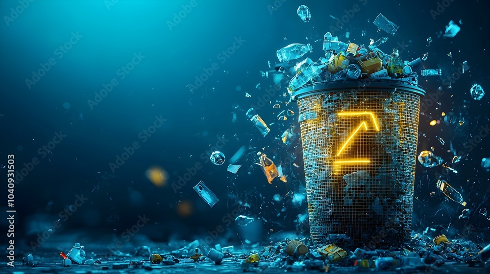 Futuristic and minimalist 3D rendering of a glowing mesh garbage bin ...
