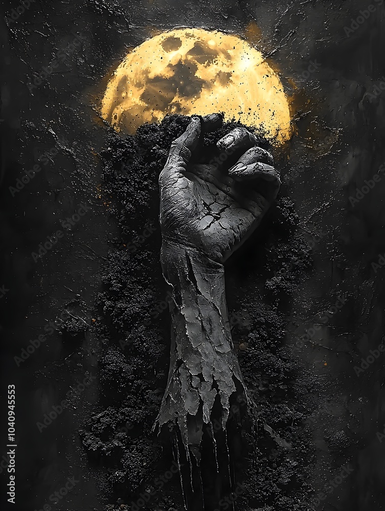 Decaying skeletal hand dramatically breaking through the dark ominous ...