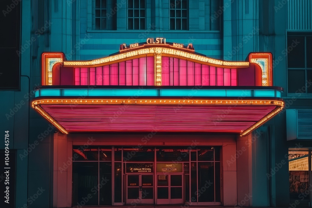 Nostalgic theater marquee aglow, set amidst the architectural style of ...