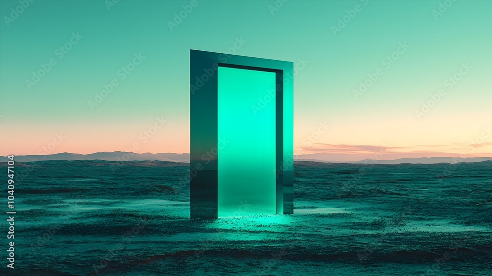 Minimalistic floating door suspended in an endless void like space ...