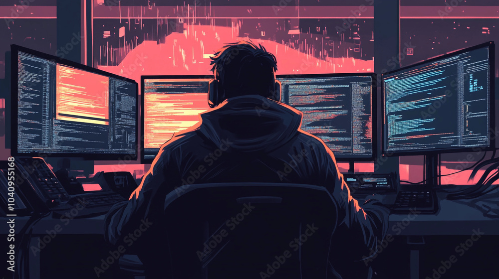 Illustration of a deep dark web bad actor hacker sitting in front of ...