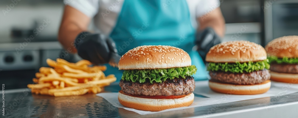 Fast food kitchen in action, staff cooking burgers, frying fries, fast ...