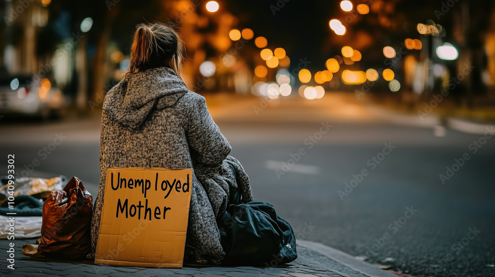 homeless woman sitting on street corner at night, holding sign Stock ...